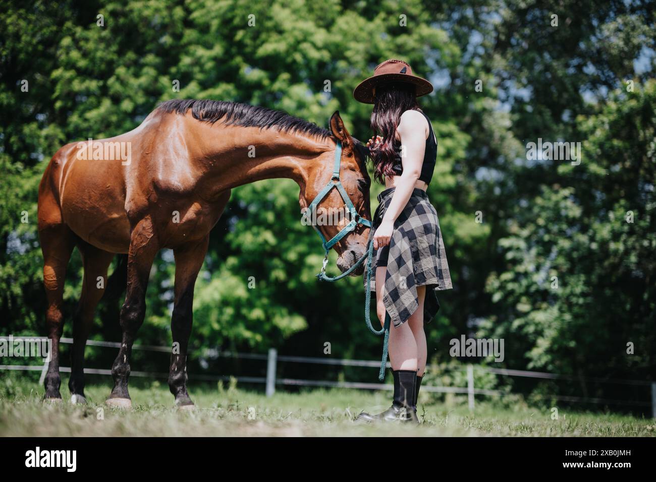 Woman enjoying countryside life with horse at the ranch on a sunny day ...
