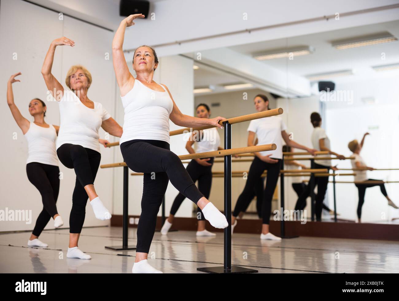 Group of women engaged in ballet in a dance studio performs a ...
