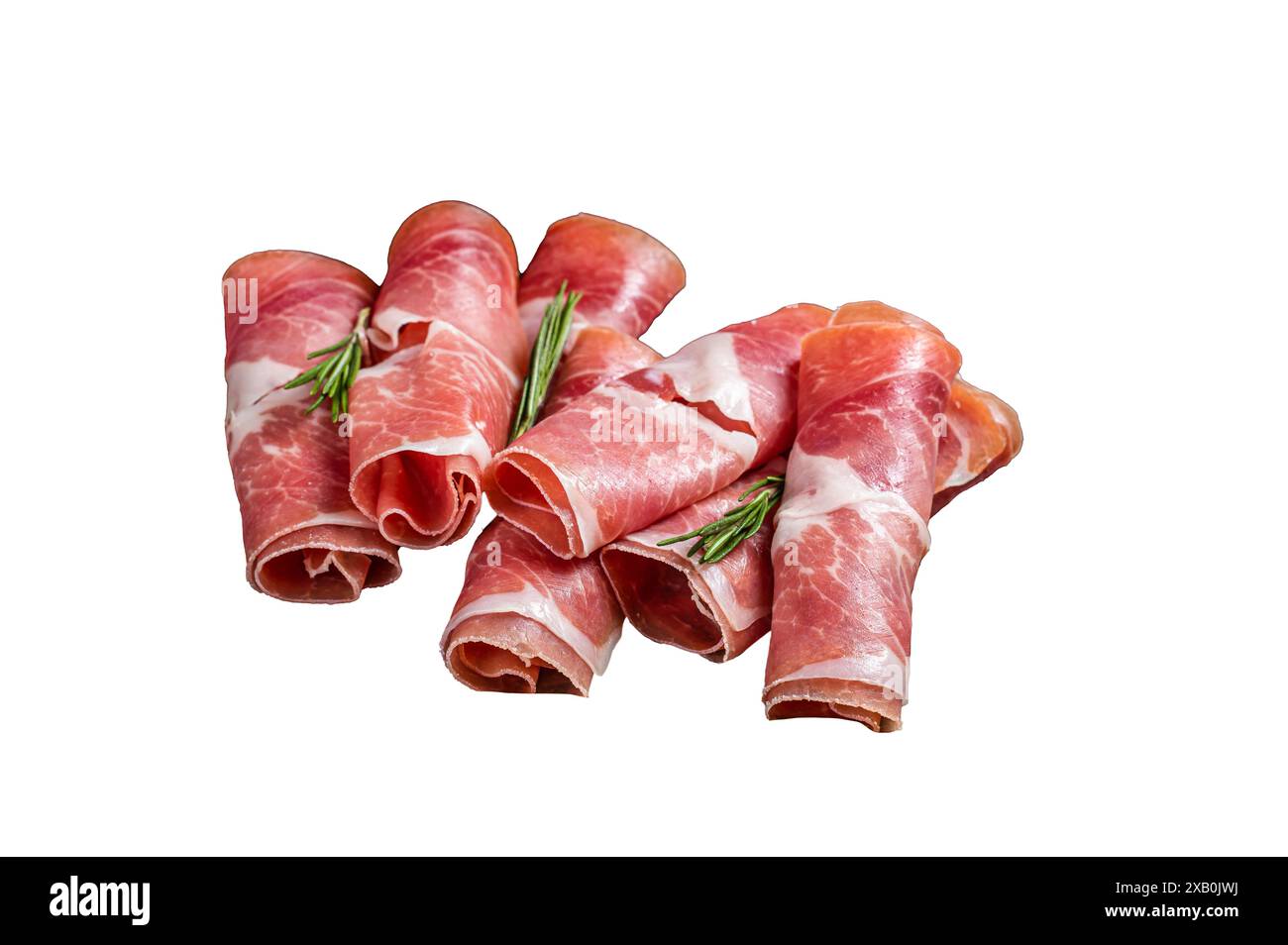 Traditional Spanish Jamon Serrano ham on marble board. Isolated on ...