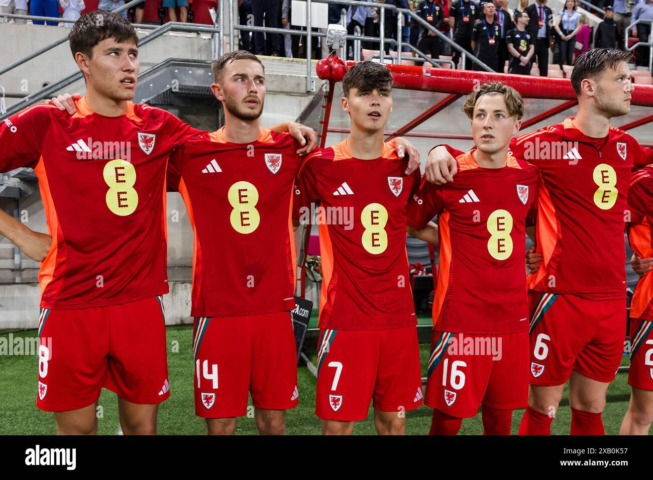 BRATISLAVA, SLOVAKIA - 09 JUNE 2024: Wales' Rubin Colwill, Wales' Matt ...