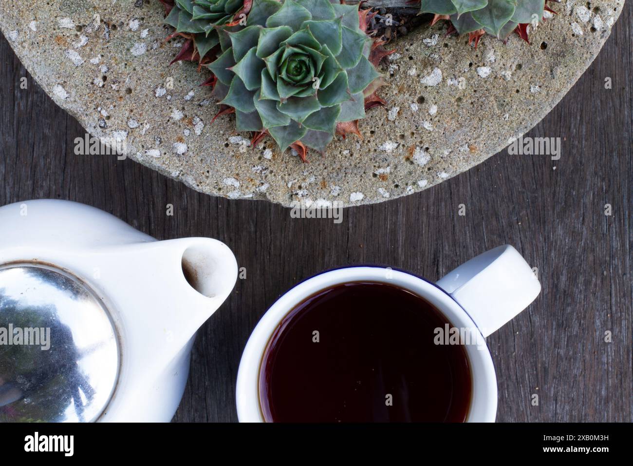 Top down view of cup of tea in the backyard and tea cup Stock Photo - Alamy