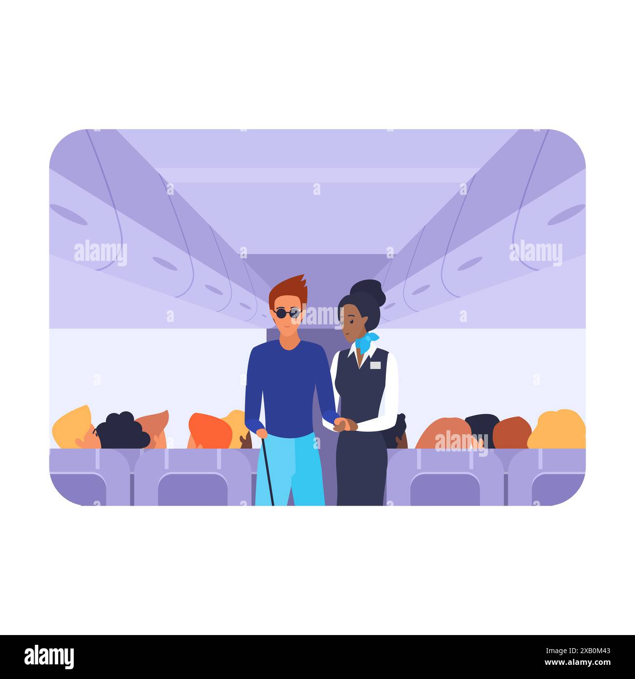Flight attendant and blind passenger standing together, help to man ...