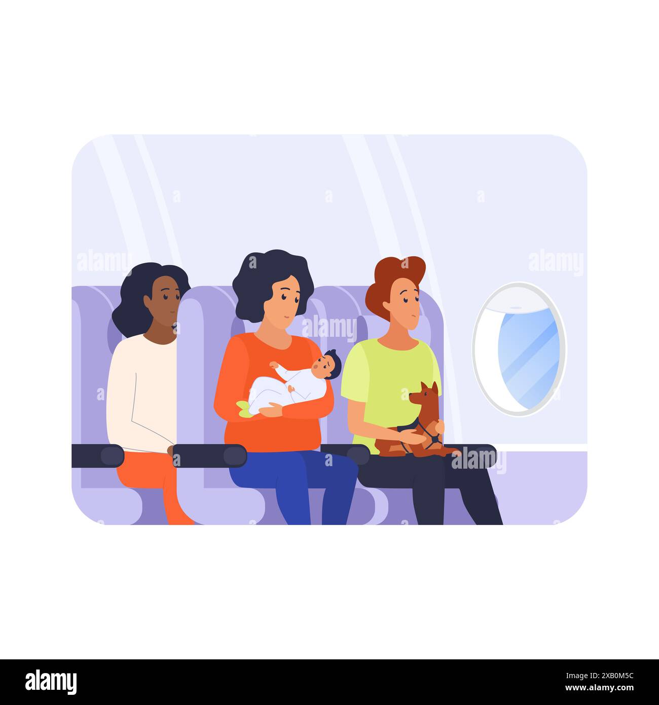 Passengers sitting in economy class seats, mother with child, man with ...