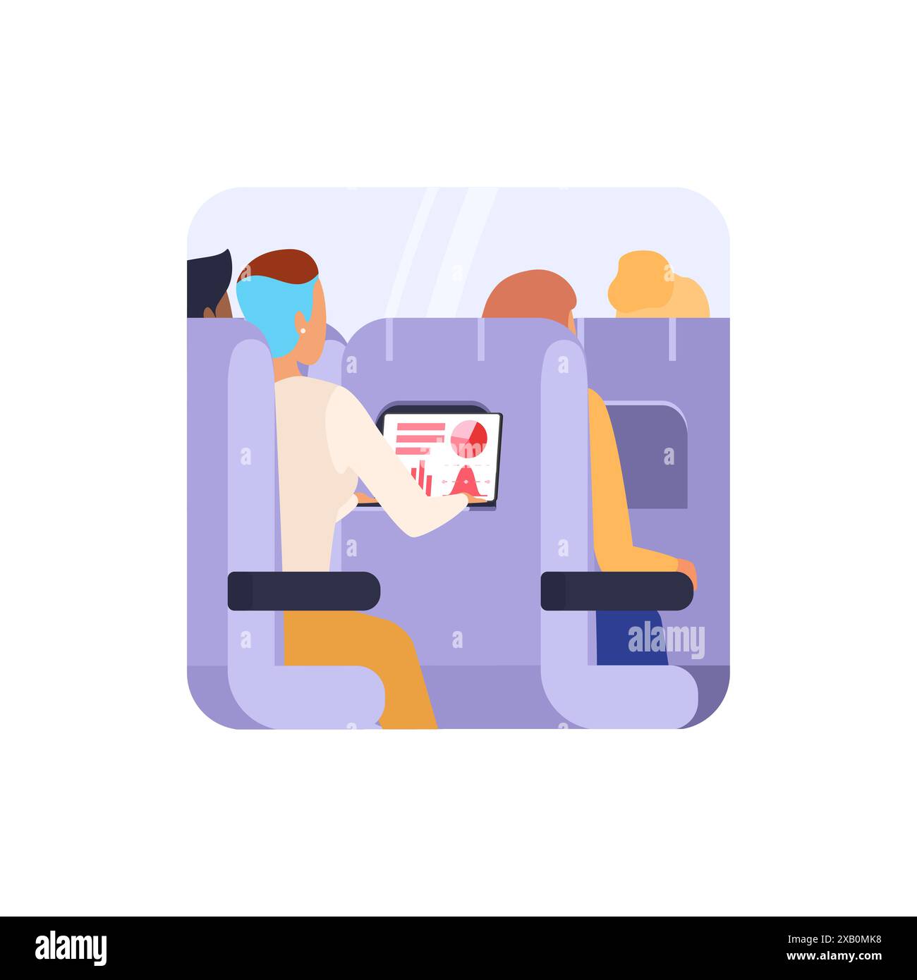 Passengers sitting in airplane cabin seats, woman working with laptop ...