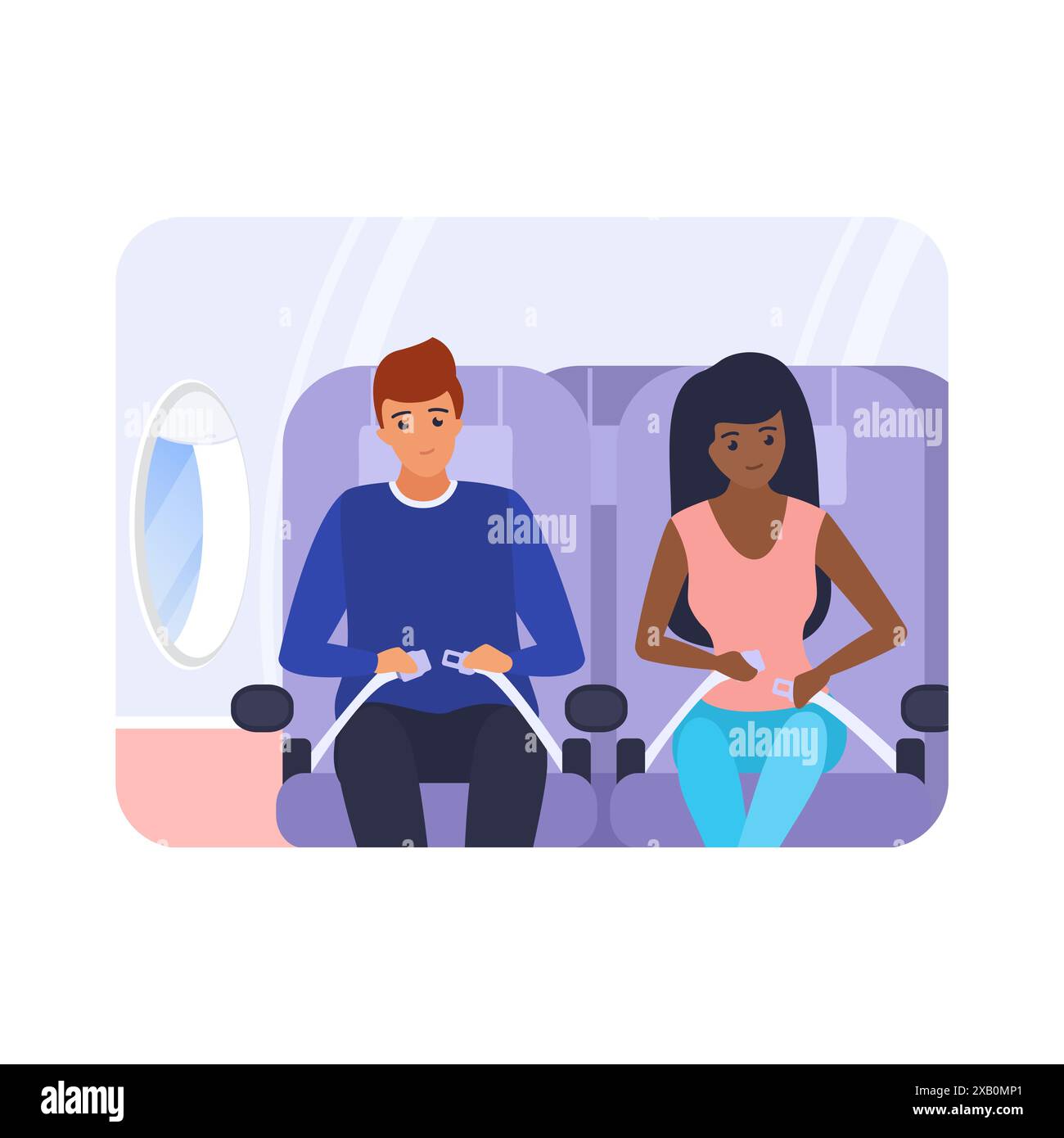 Man and woman sitting on chairs of airplane together, passengers ...