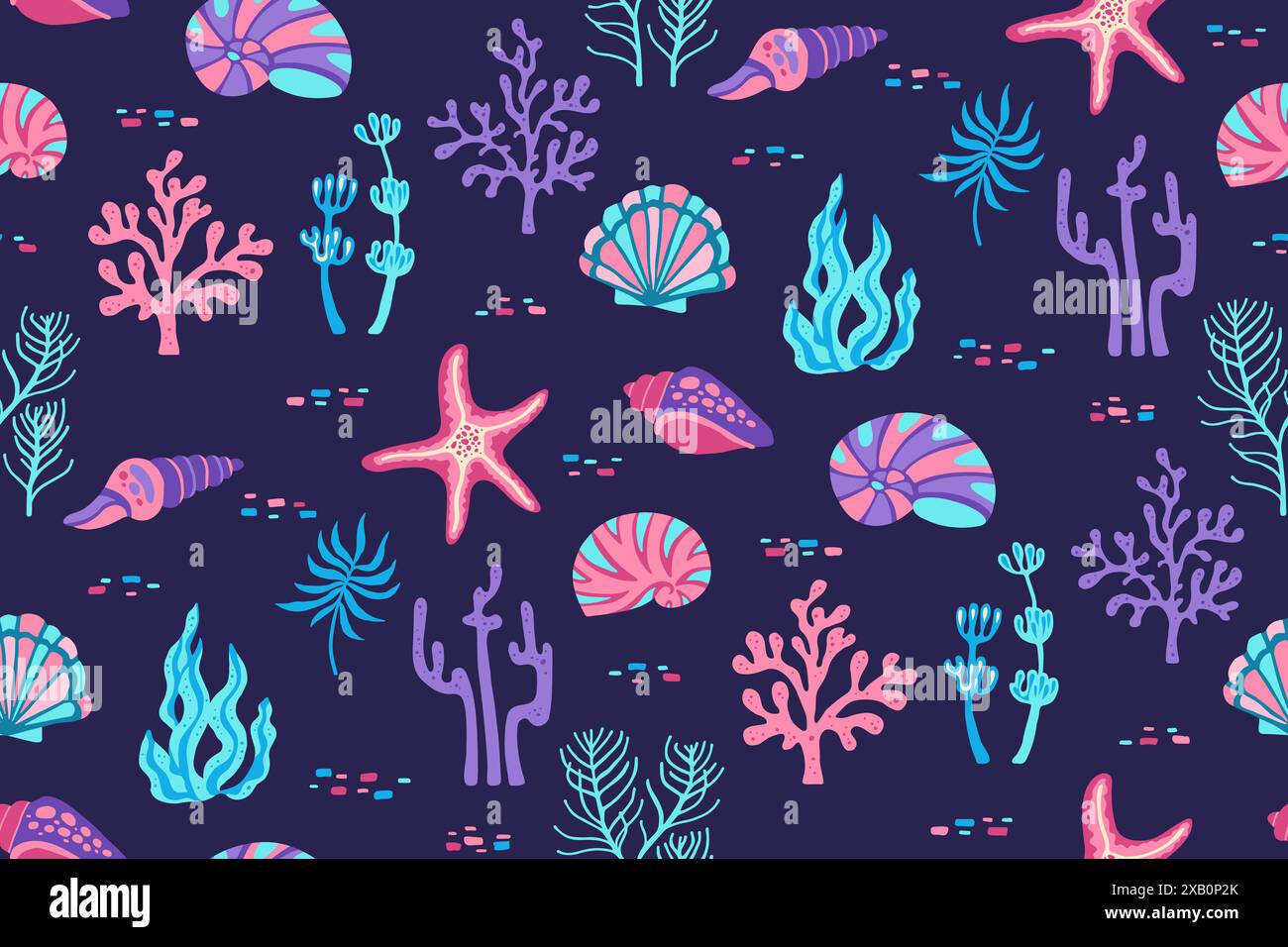 Sea shells underwater seamless pattern. Aquarium or marine life algae corals trendy boundless ...