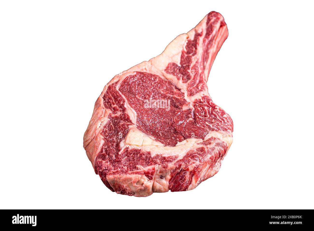 Raw cowboy steak, rib eye steak with bone, beef marbled meat on butcher ...