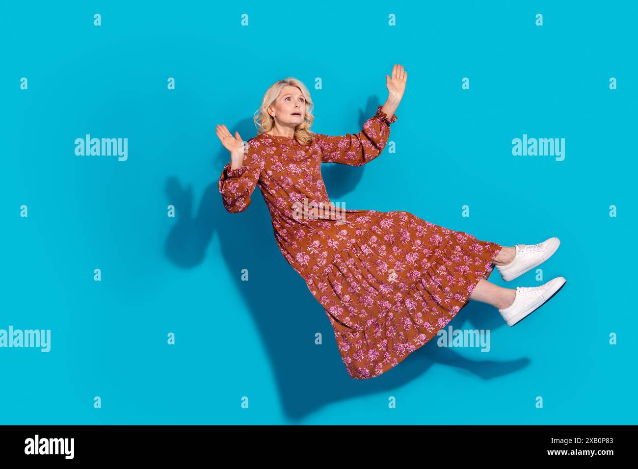 Full length photo of scared attractive lady dressed brown clothes ...