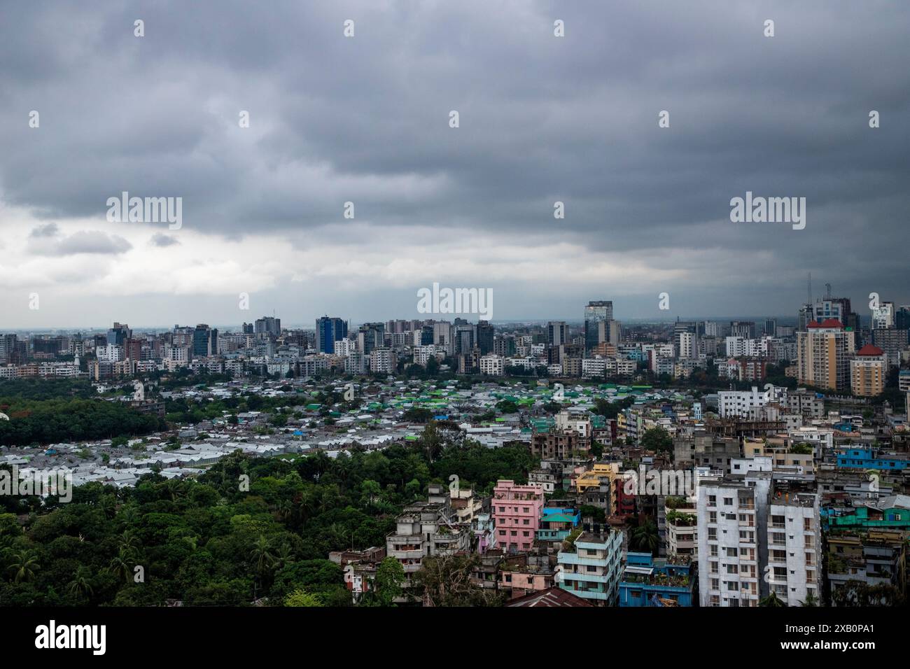 aerial view of densely Dhaka’s Korail Slum and Gulshan-Banani area ...
