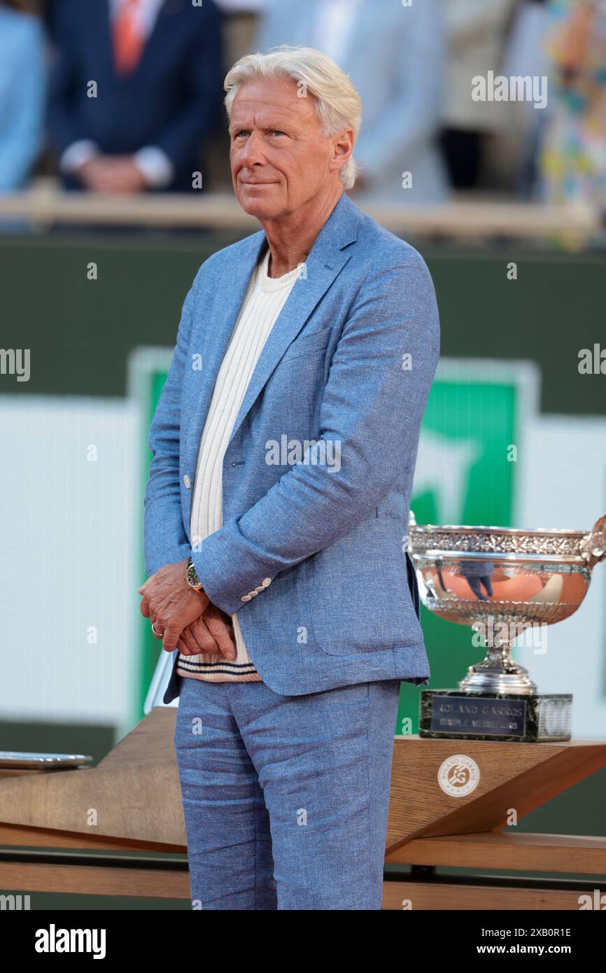 Paris, France. 09th June, 2024. Trophy presenter Bjorn Borg during the ...