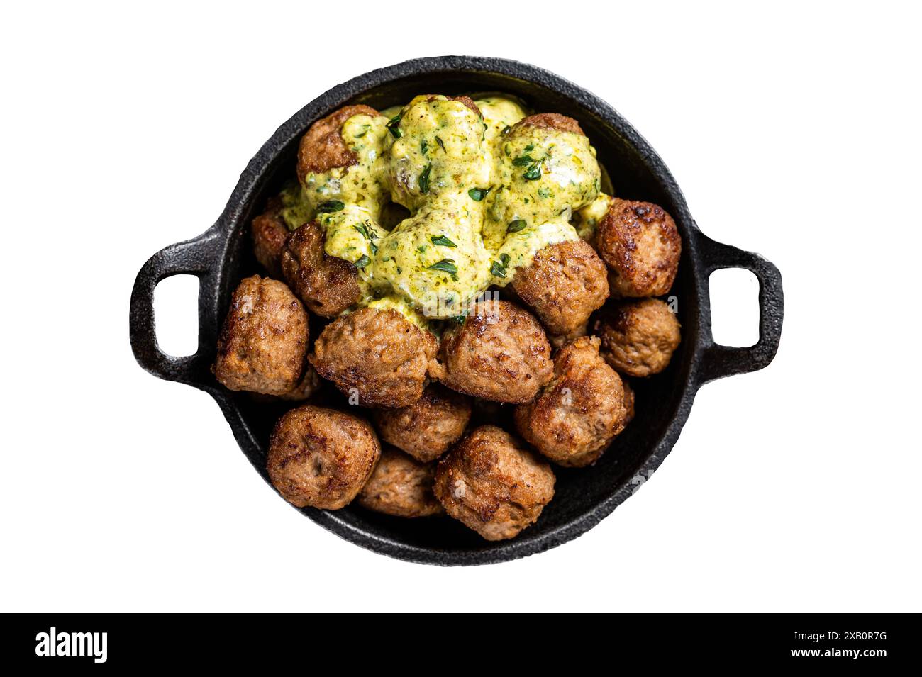 Skillet with Swedish beef Meatballs with Cream Sauce. Isolated on white ...