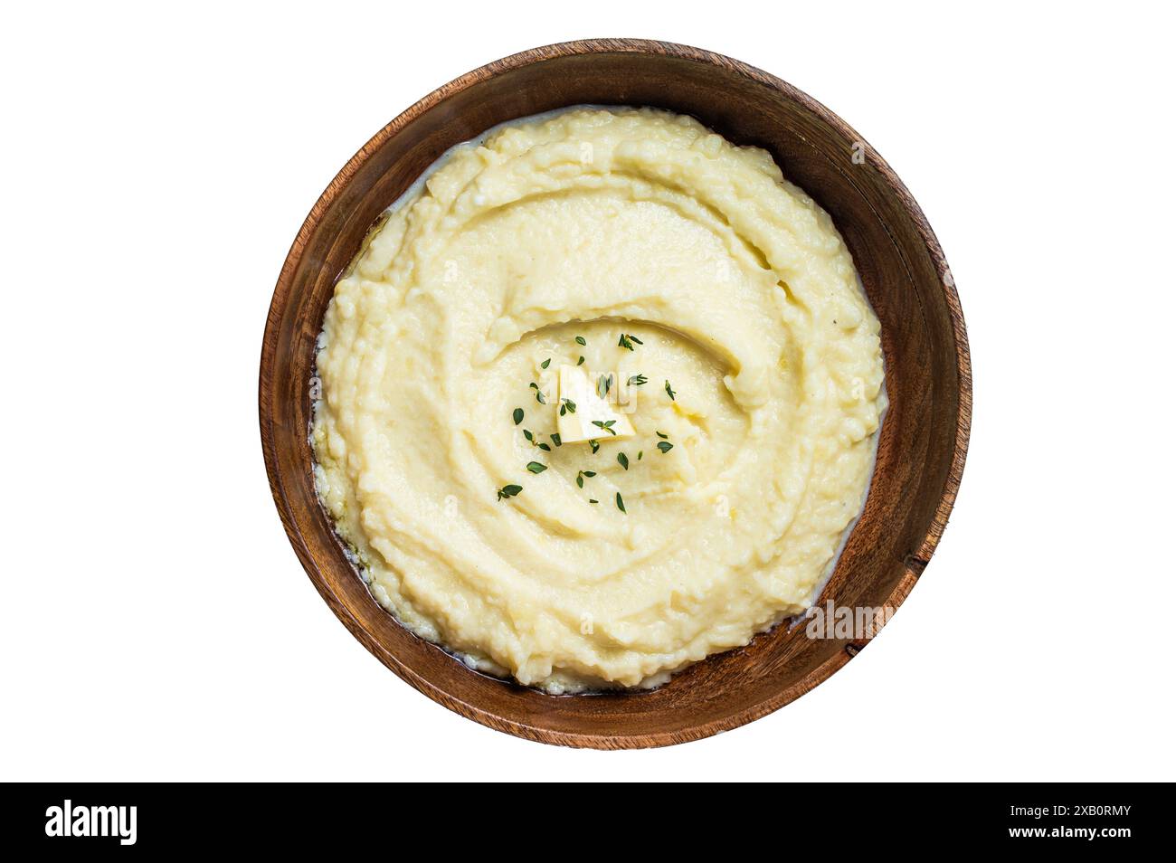 Boiled potato puree, Mashed potatoes in a wooden plate. Isolated on ...