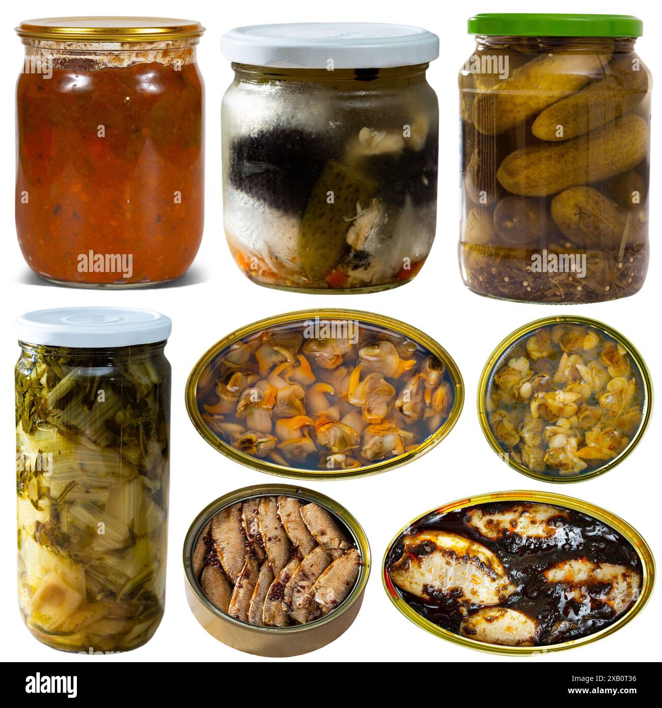 Collection of canned goods isolated on white Stock Photo - Alamy