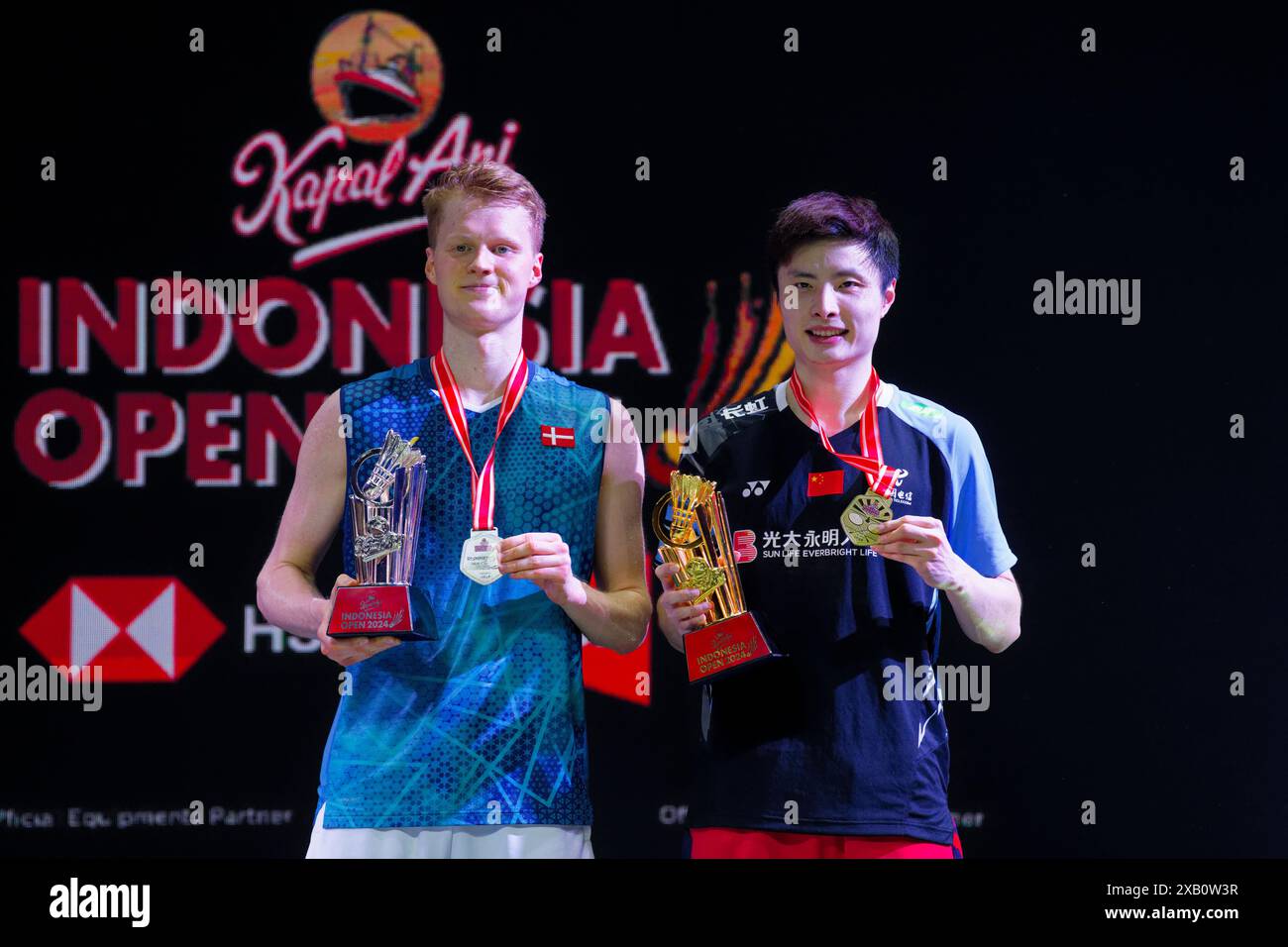 Jakarta, Indonesia. 09th June, 2024. Anders ANTONSEN of Denmark and SHI Yu Qi of China pose for ...