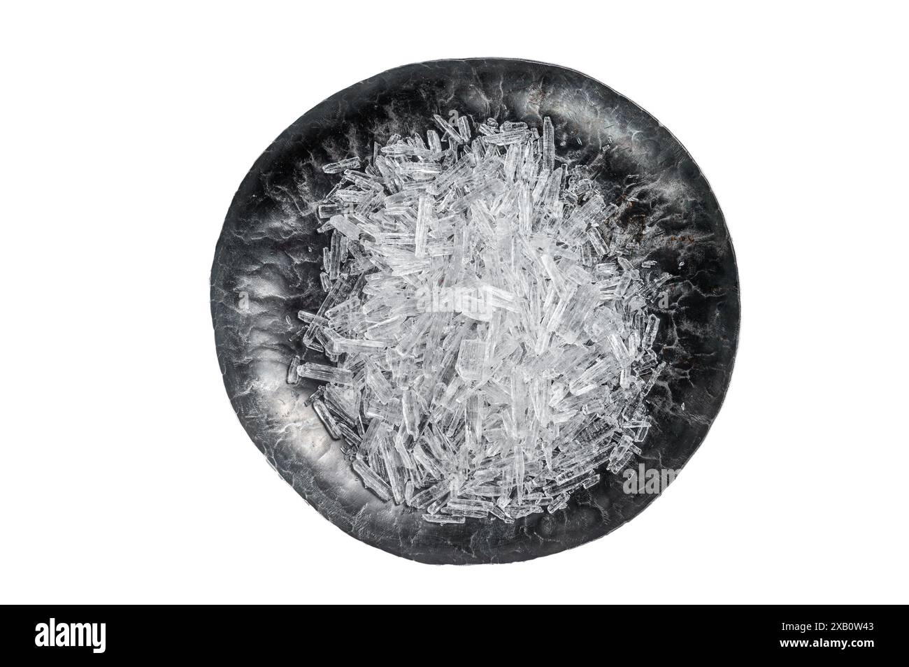 Menthol Crystals in a steel small plate. Isolated on white background ...