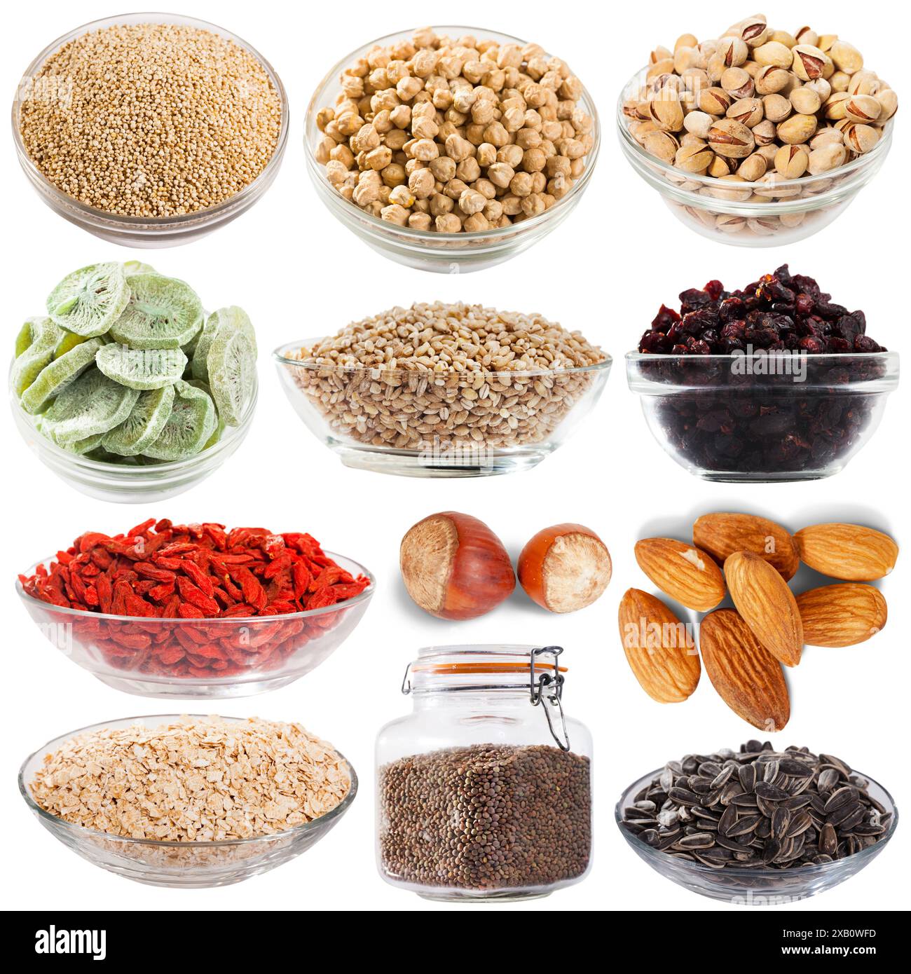 Plates with diffirent dried and bulk products isolated on white ...