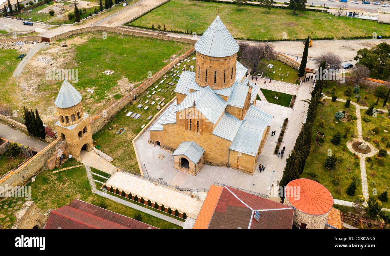 Aerial view of medieval Samtavro monastery in Georgian town of Mtskheta ...