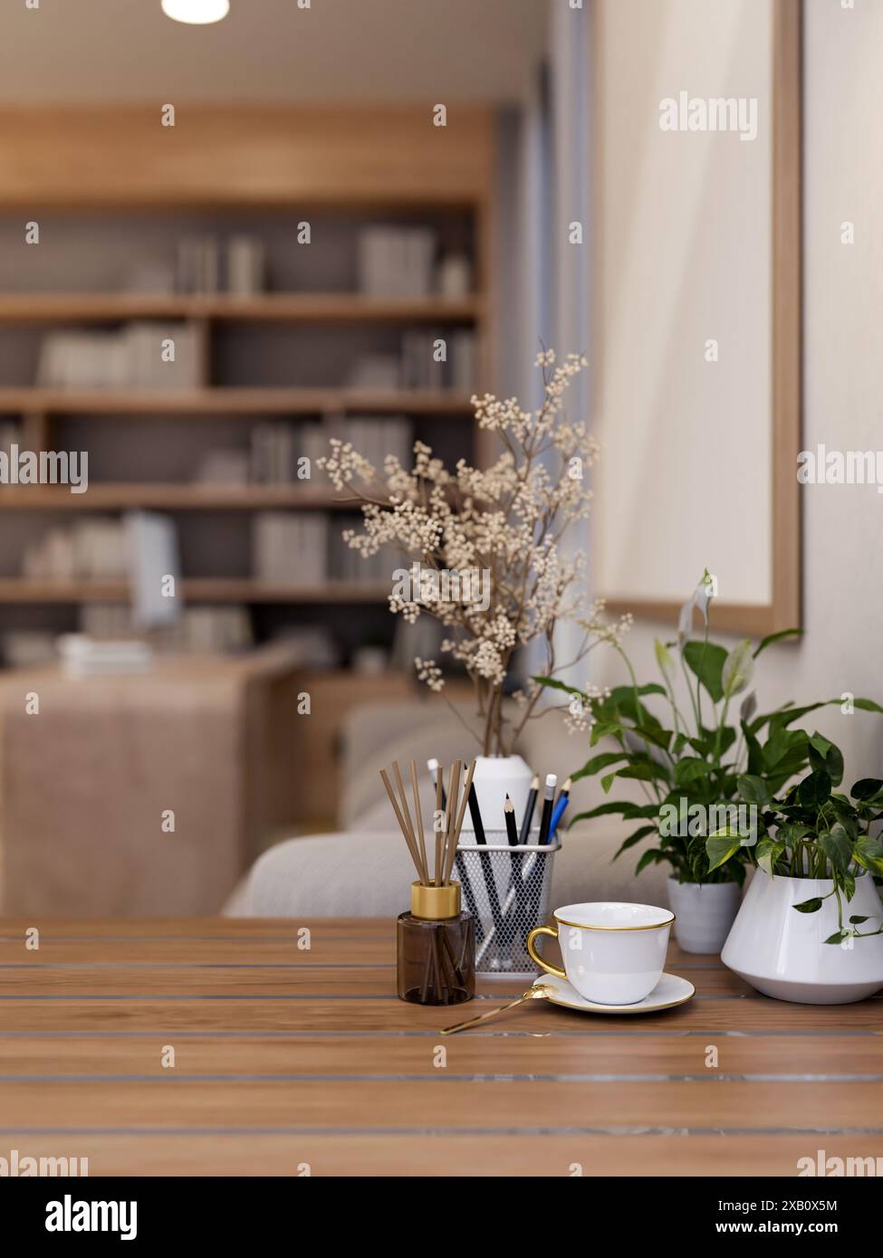 A close-up image of a wooden table features a coffee cup, a reed ...