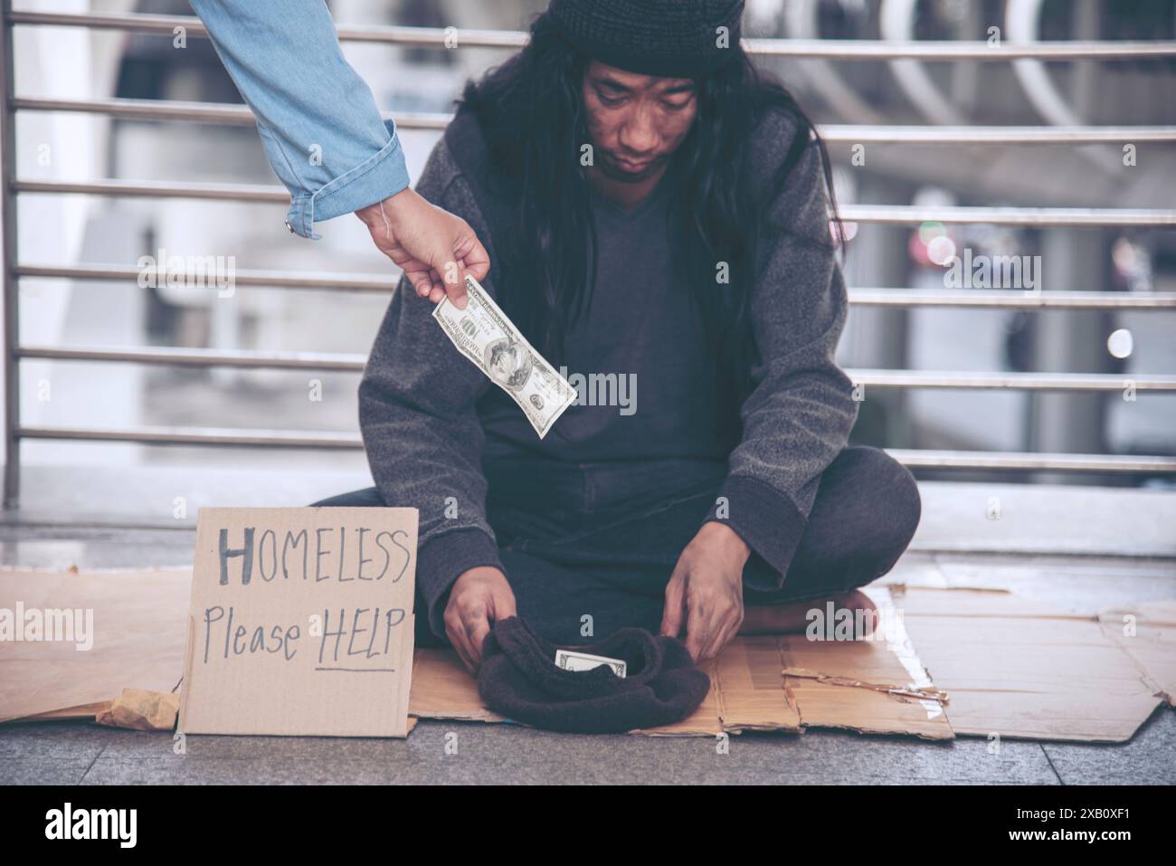 Woman Helping Hands To Homeless People Poverty Beggar Man Holding Hands