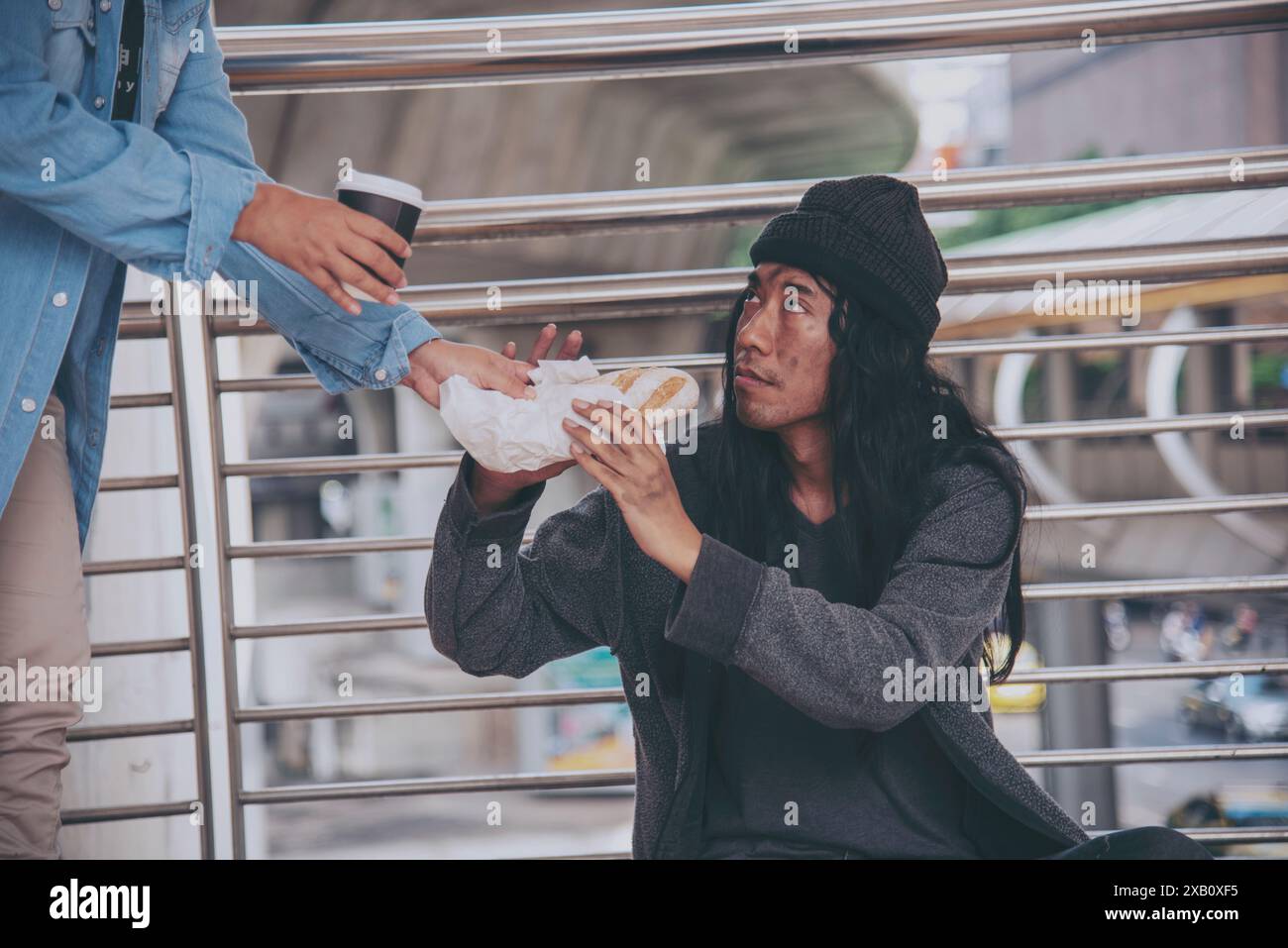 Woman Helping Hands To Homeless People Poverty Beggar Man Holding Hands