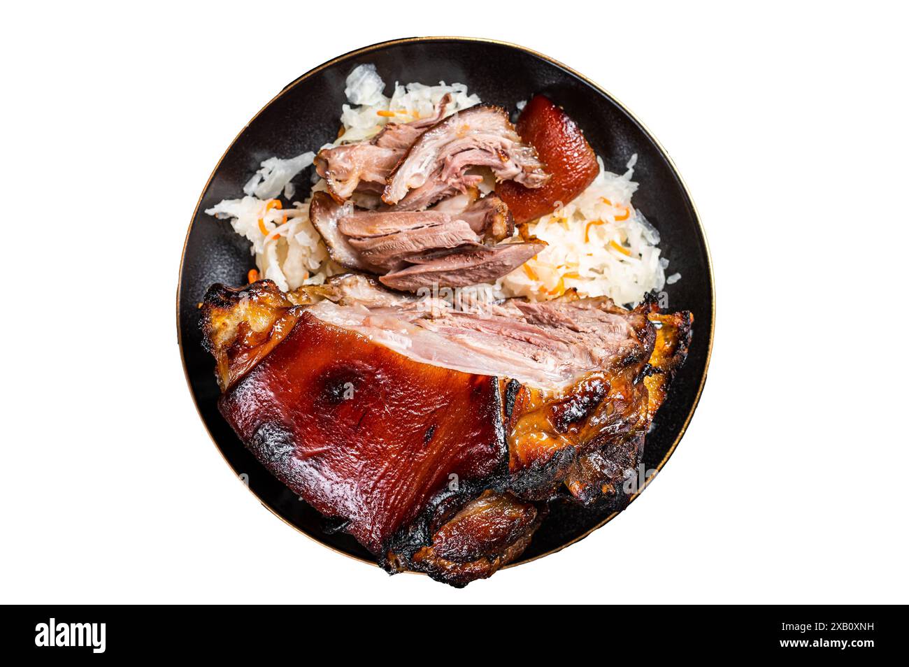 Roast Pork Ham Hock, knuckle with Sauerkraut on a plate. Isolated on ...