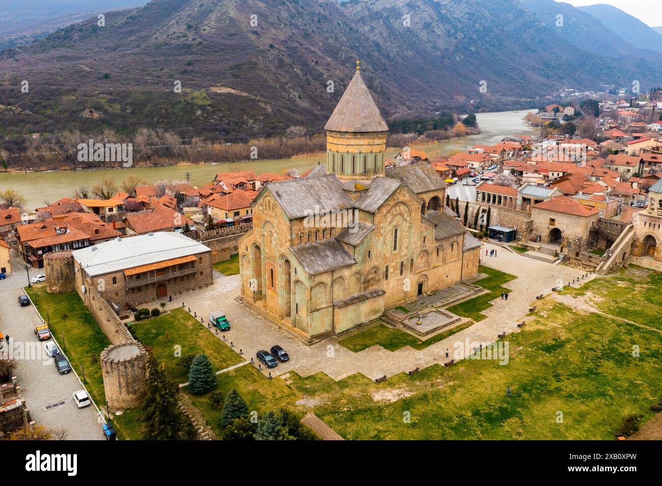 Aerial view of Georgian city of Mtskheta overlooking Svetitskhoveli ...
