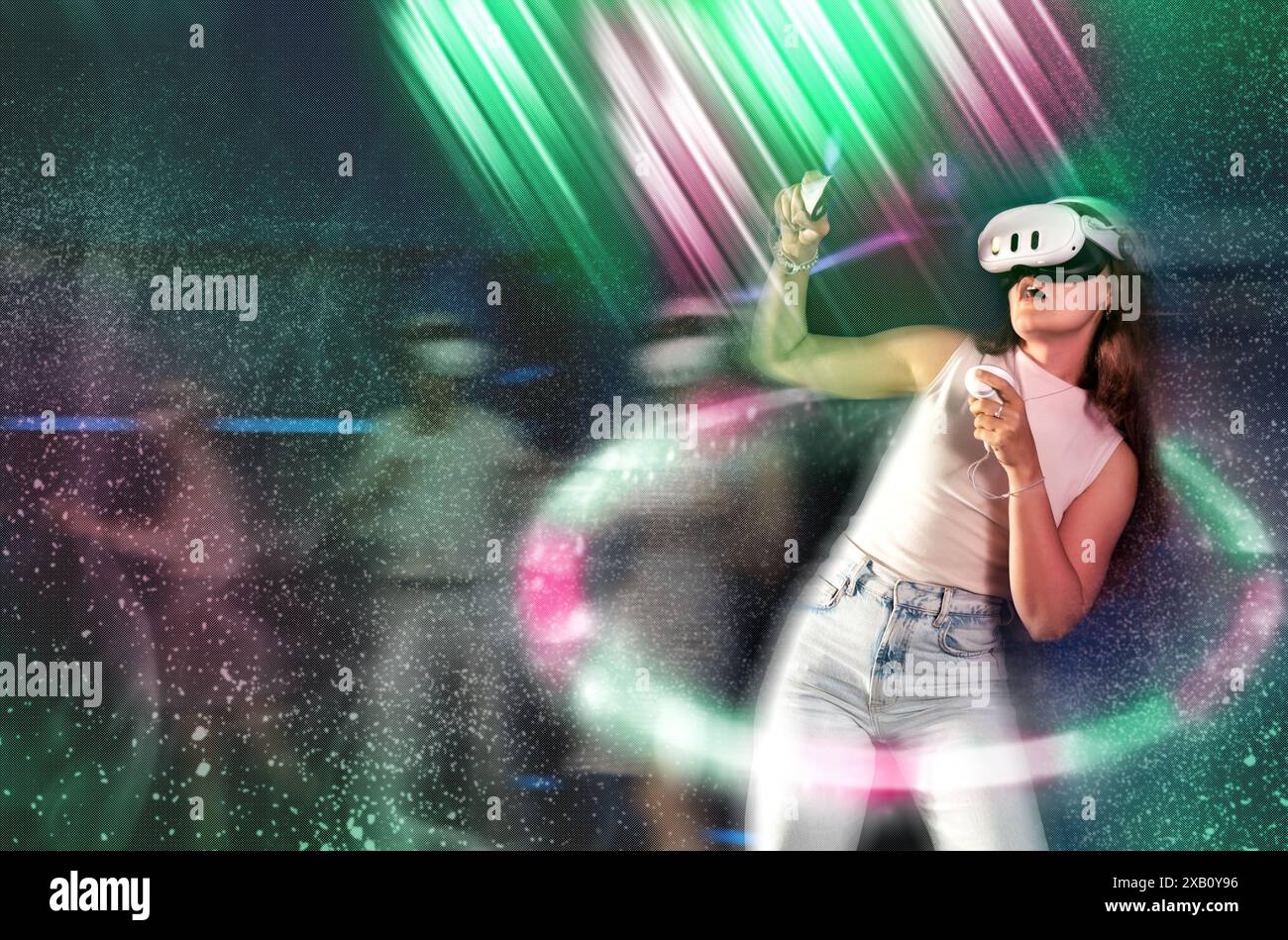 Girl immersed in futuristic virtual reality game with cosmic visuals ...