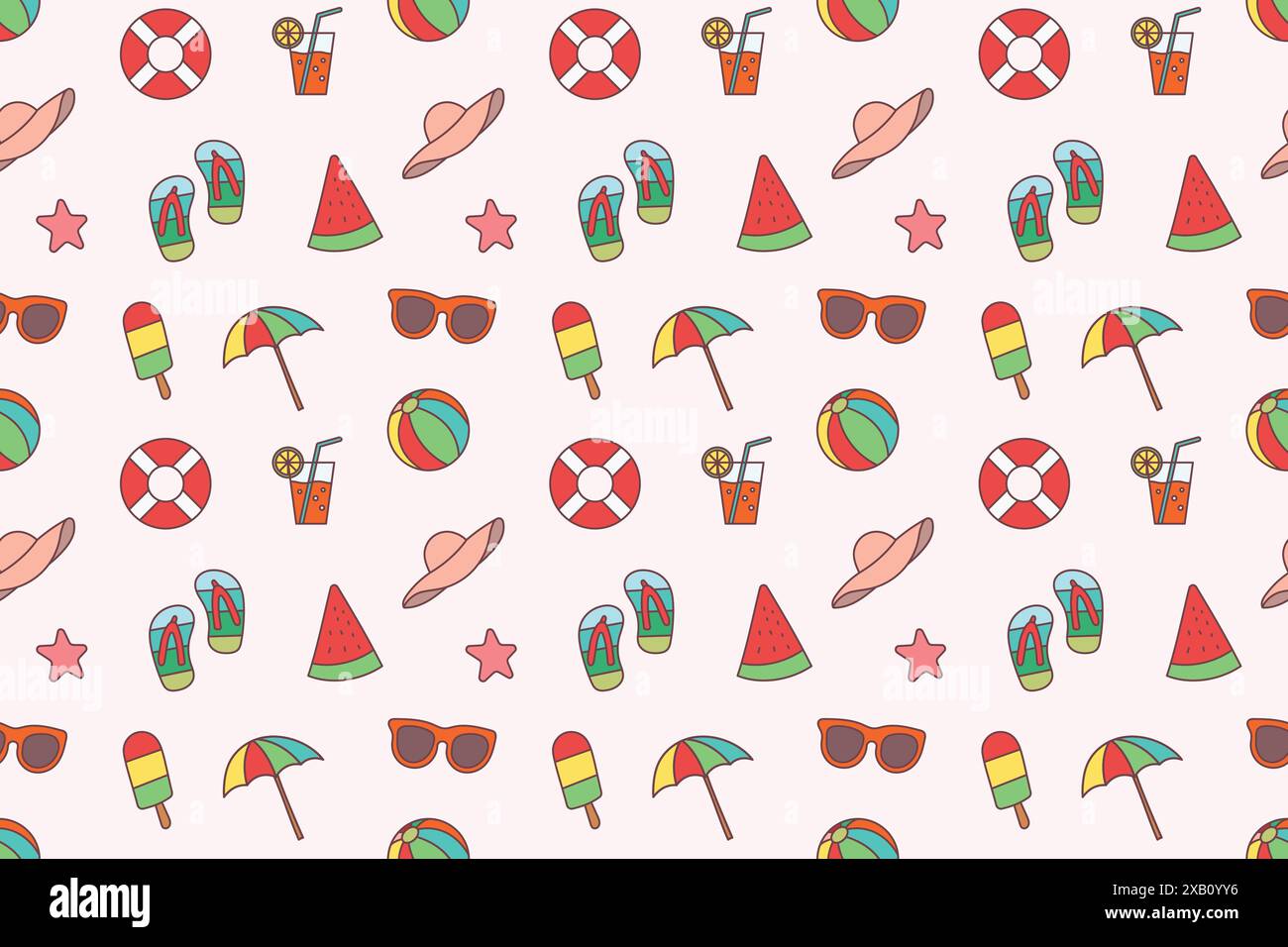 Summer beach seamless pattern. Beach items include sun hats, sunglasses ...