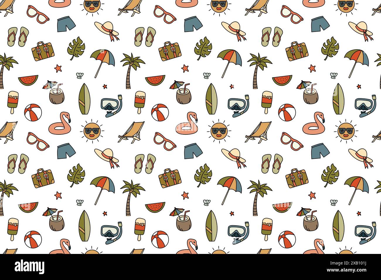 Summer seamless pattern of colorful beach items including palm trees ...