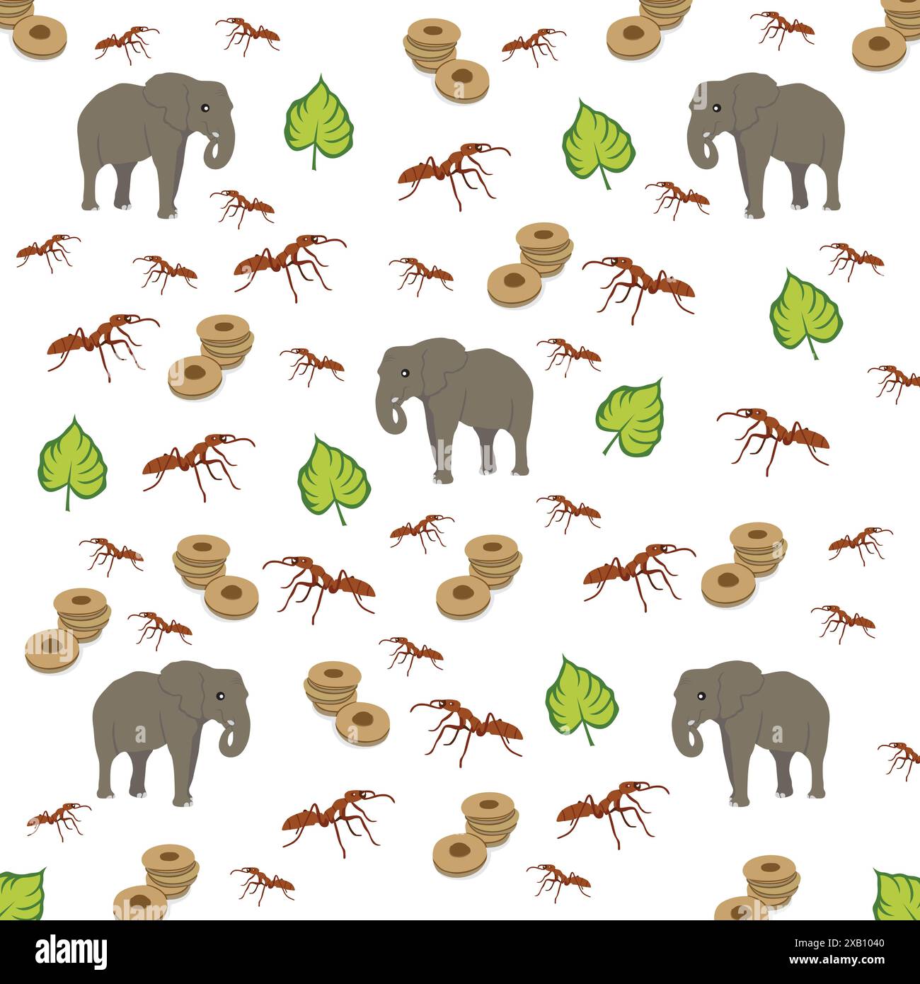 cute elephant and ant with cookies, leaf as a pattern background Stock ...