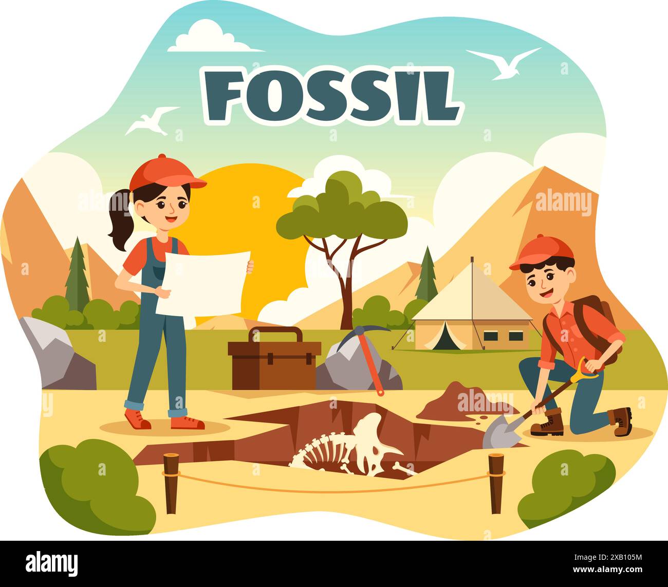 Fossil Vector Illustration of Archaeologists Discovering Dinosaur ...