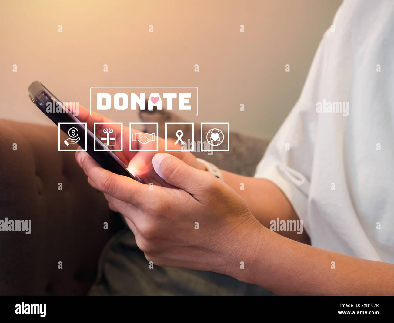 Donation online concept. Text "Donate" with charity and fundraising icons appear while female ...