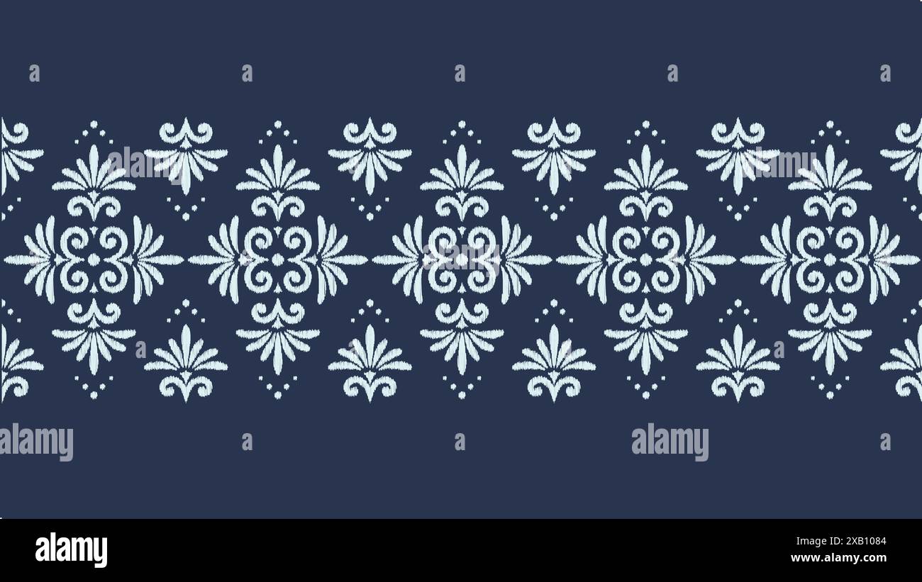 White repeated classic floral drawing ikat stripe on denim blue ...