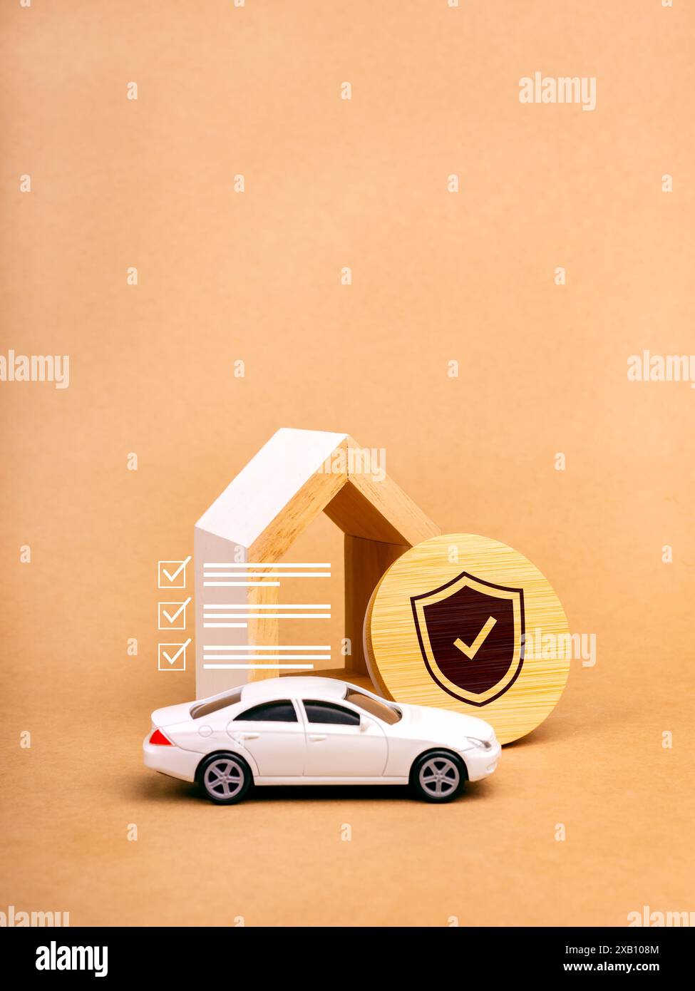 Home and car insurance concept. Shield icon on round wood badge and ...
