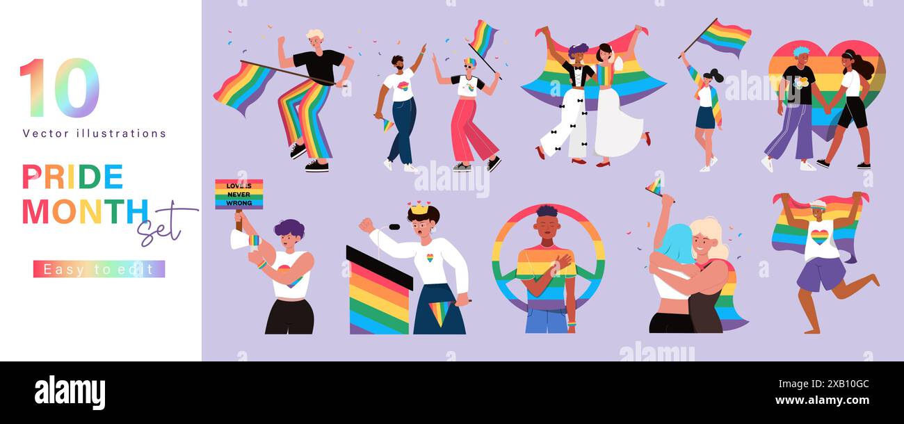 Vibrant Pride Month Celebrate Vector Set. Diverse Characters with ...