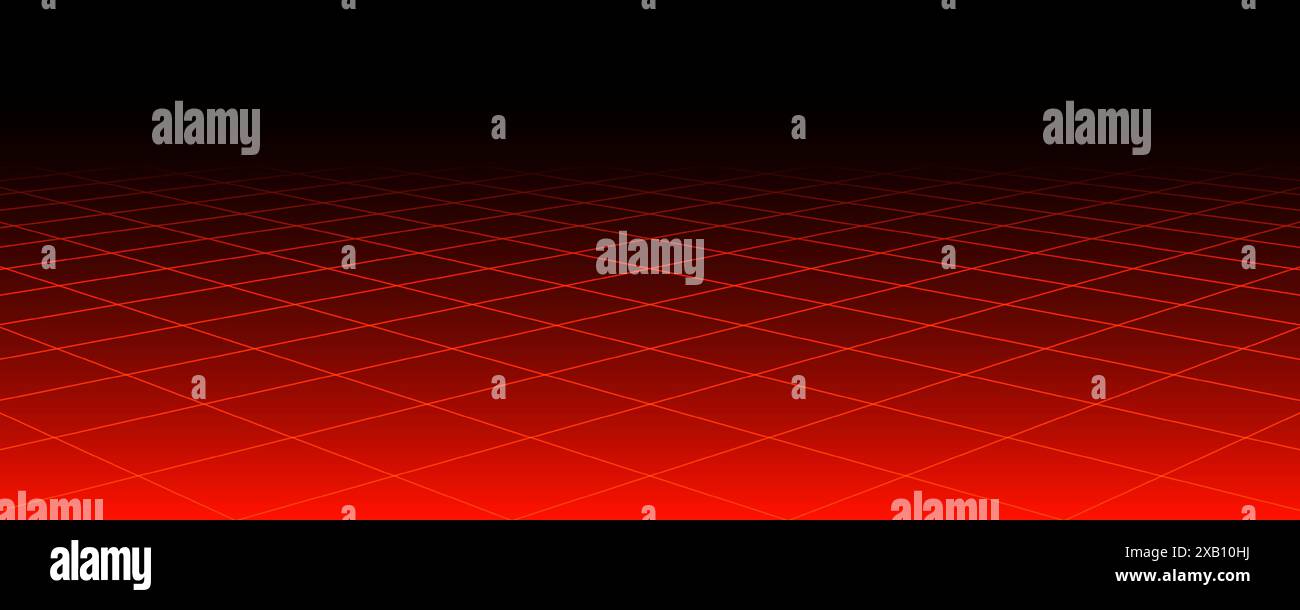 Red glowing neon wireframe background. Shining diagonal checkered grid ...