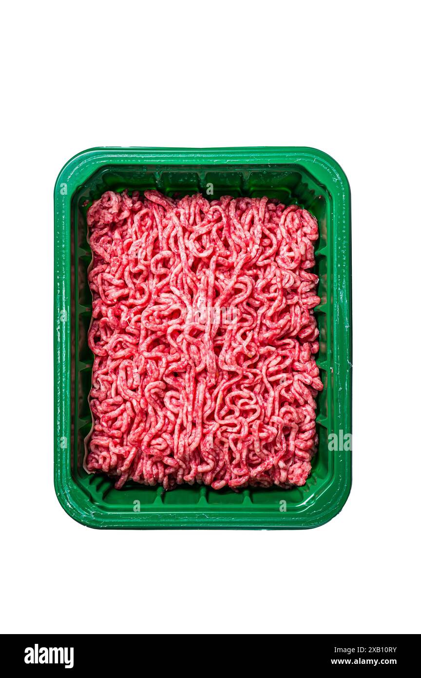 Raw Minced Meat in a Plastic Container, ground beef. Isolated on white ...