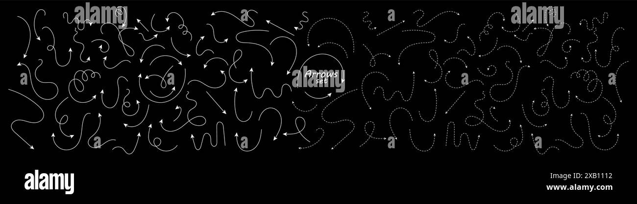 Big set of hand drawn thin line and dash line arrows. Collection of ...