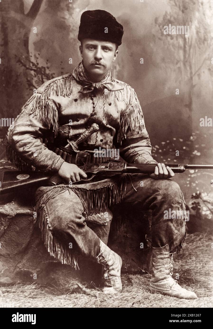 Young Theodore "Teddy" Roosevelt (1858-1919) in a buckskin hunting ...