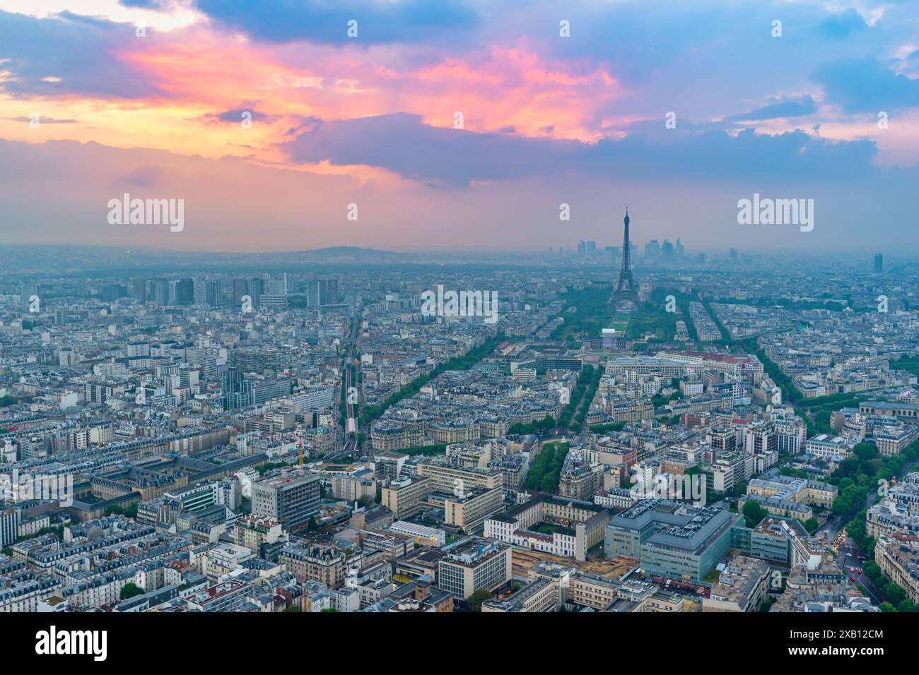 Paris France, high angle view sunset city skyline at Eiffel Tower view from Arc de Triomphe ...