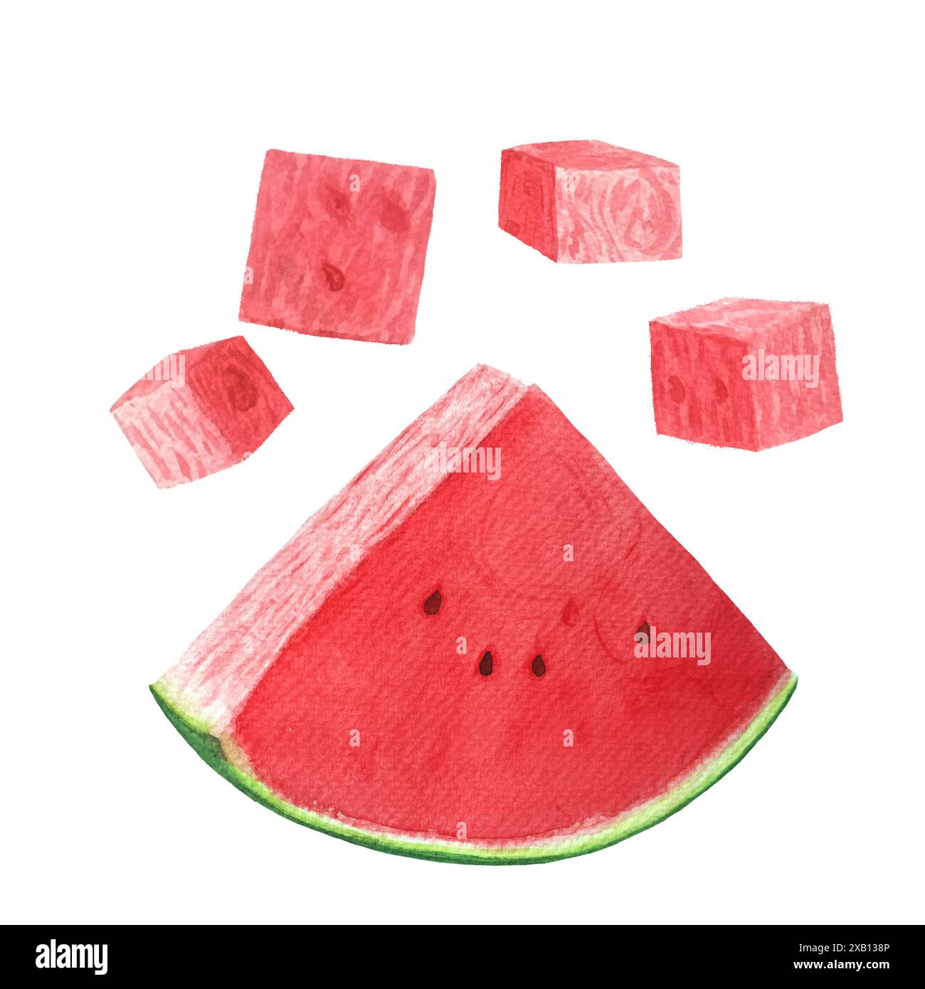 Watermelon slice and cubes red and juicy with a few seeds. Watercolor ...