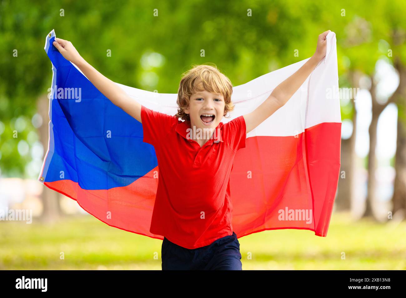 Child running with Czechia flag. Little Czech boy cheering for football ...