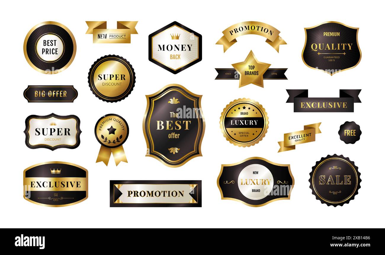 Gold label. Banner ribbon, icon and sticker in luxury 3d best design ...