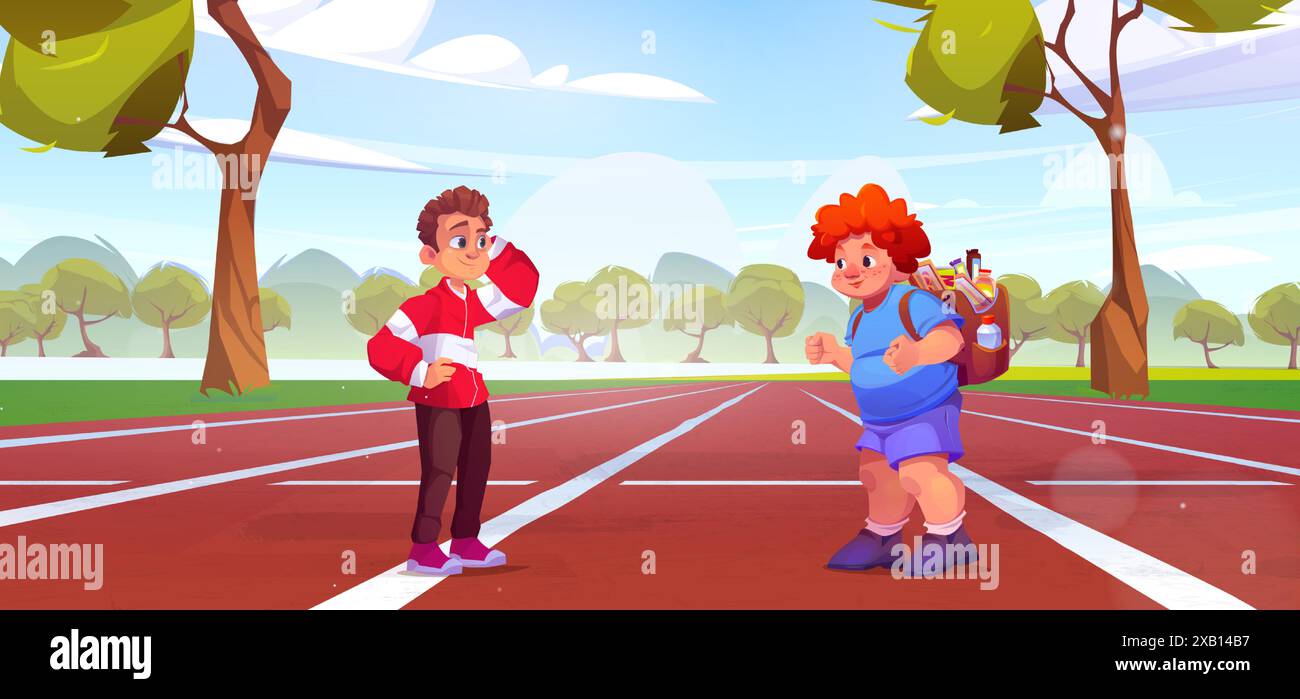 Kid boy with lots of snacks in backpack talking with another one in sportswear standing on ...