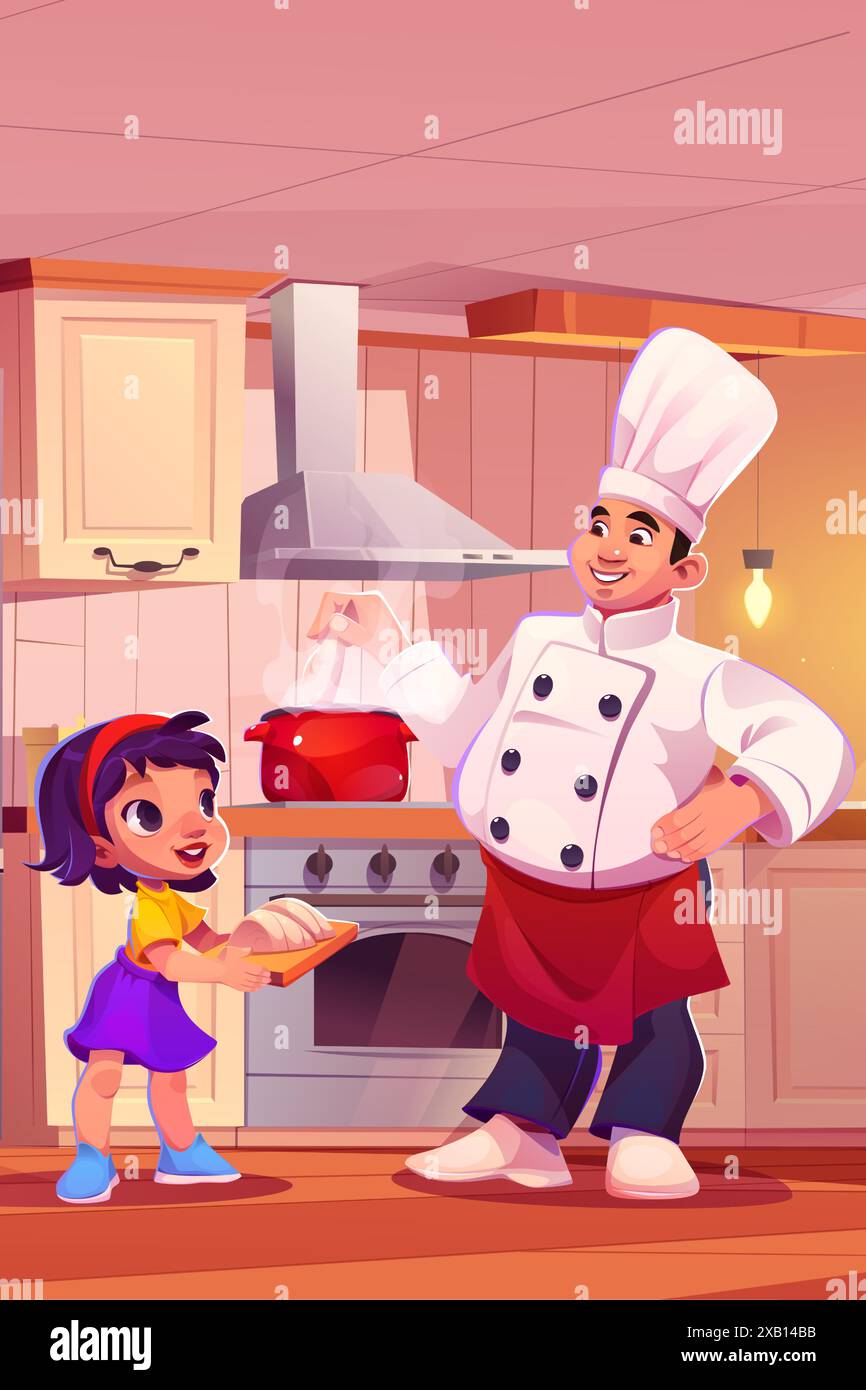 Little girl helping chef to cook in kitchen. Vector cartoon ...