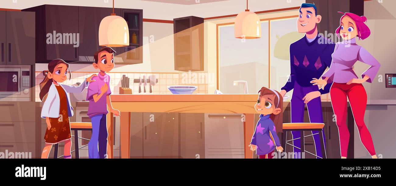 Teen girl introducing boyfriend to parents in kitchen. Vector cartoon ...