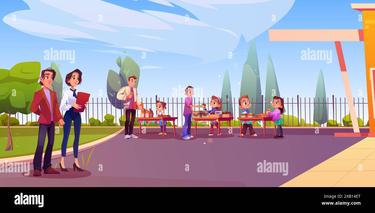 Charity trade fair in school yard. Vector cartoon illustration of happy ...