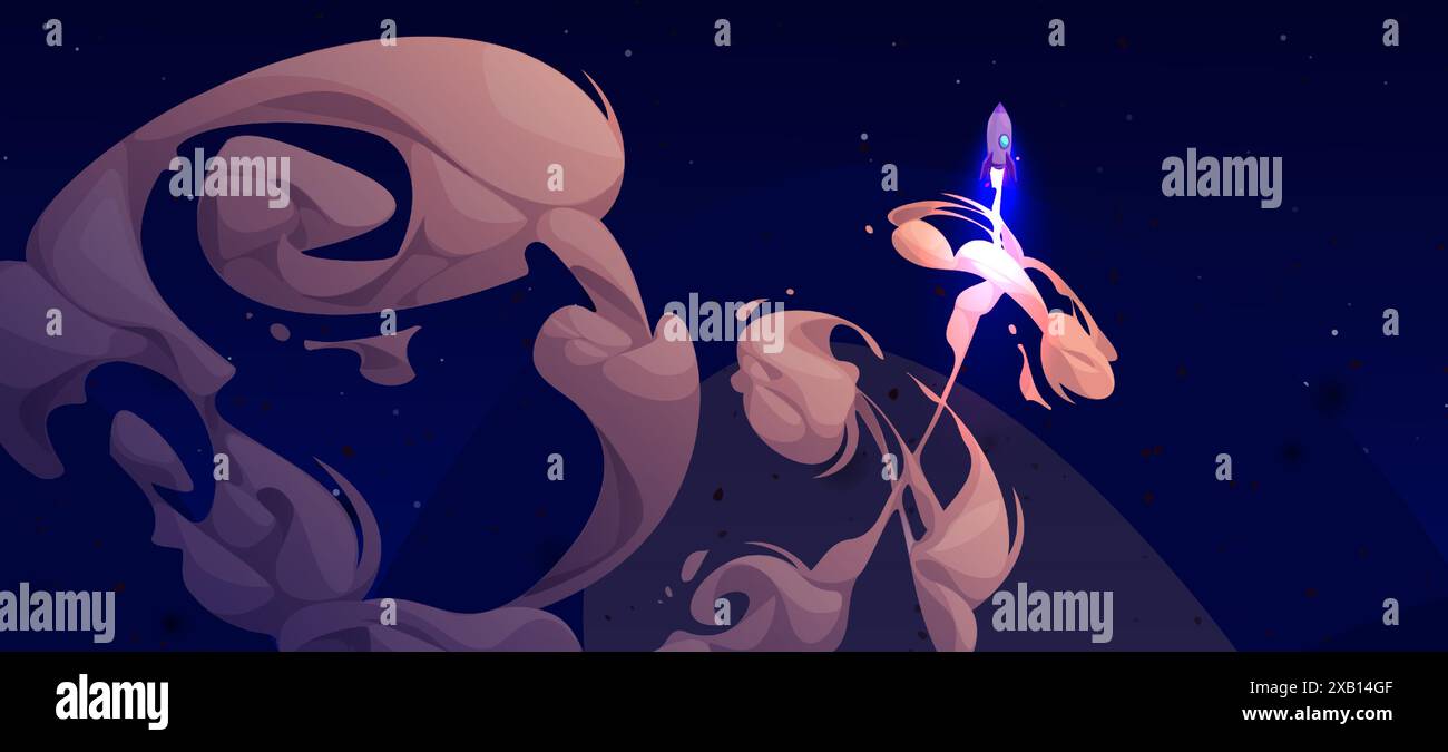 Launched rocket flying in dark blue sky with comic cloud path. Cartoon ...