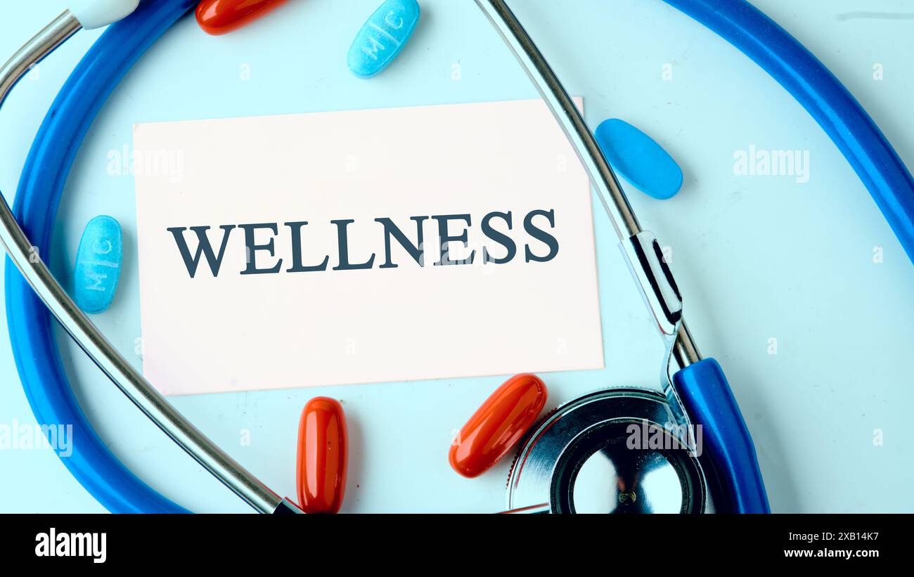 Wellness text written on a white business card on a blue background ...