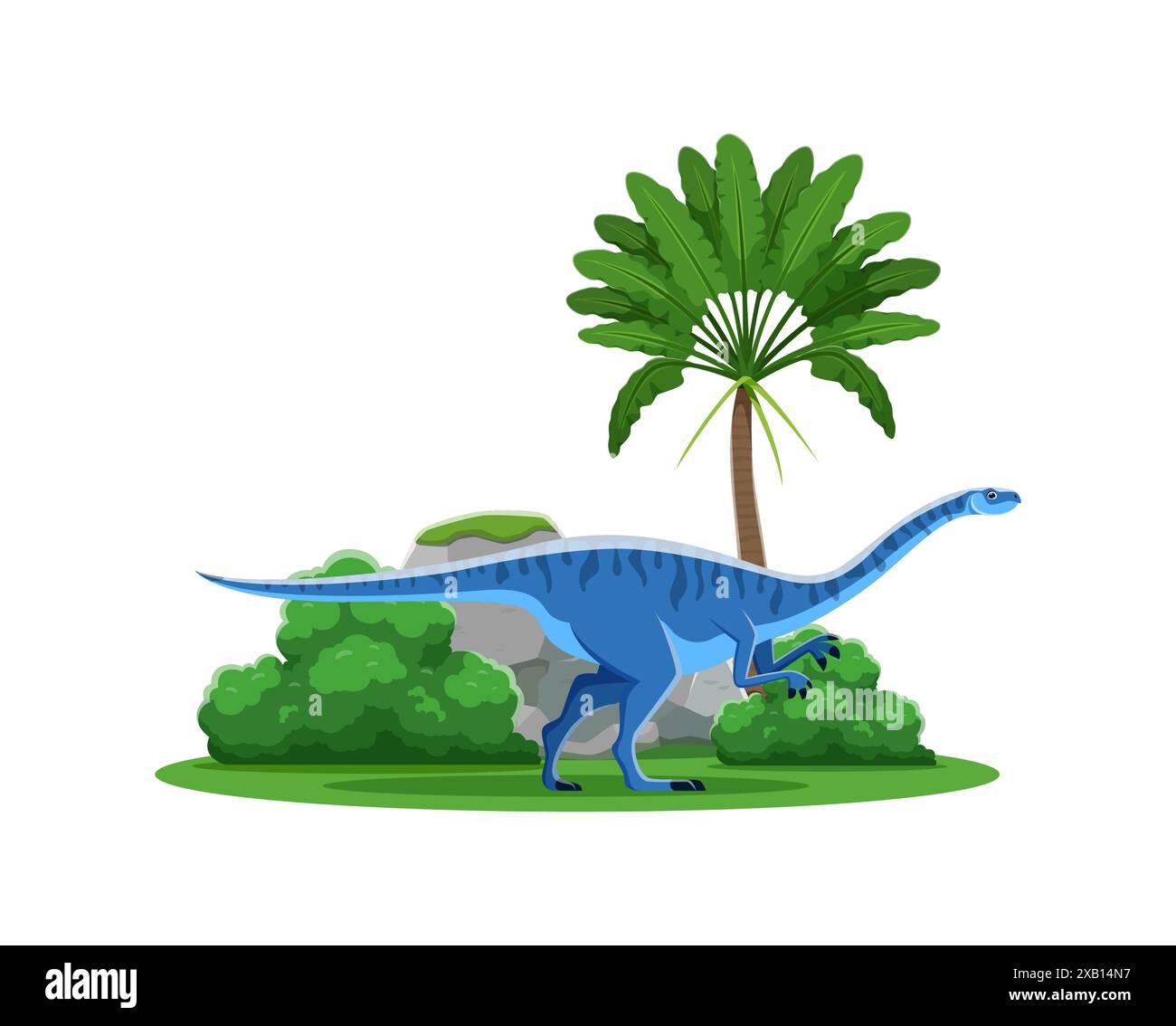 Lufengosaurus prehistoric cartoon dinosaur. Vector blue dino in a lush ...